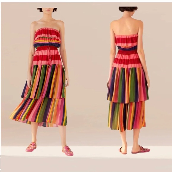 FARM Rio | Dresses | Farm Rio Mixed Striped Strapless Tiered Maxi Dress ...